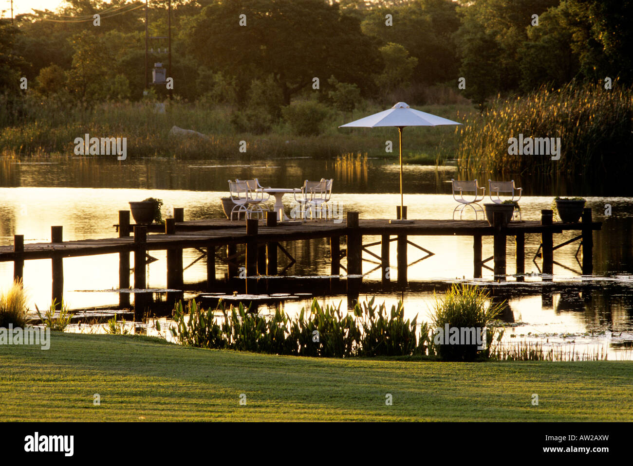 view across dam with jetty on a Zimbabwean farm Stock Photo - Alamy