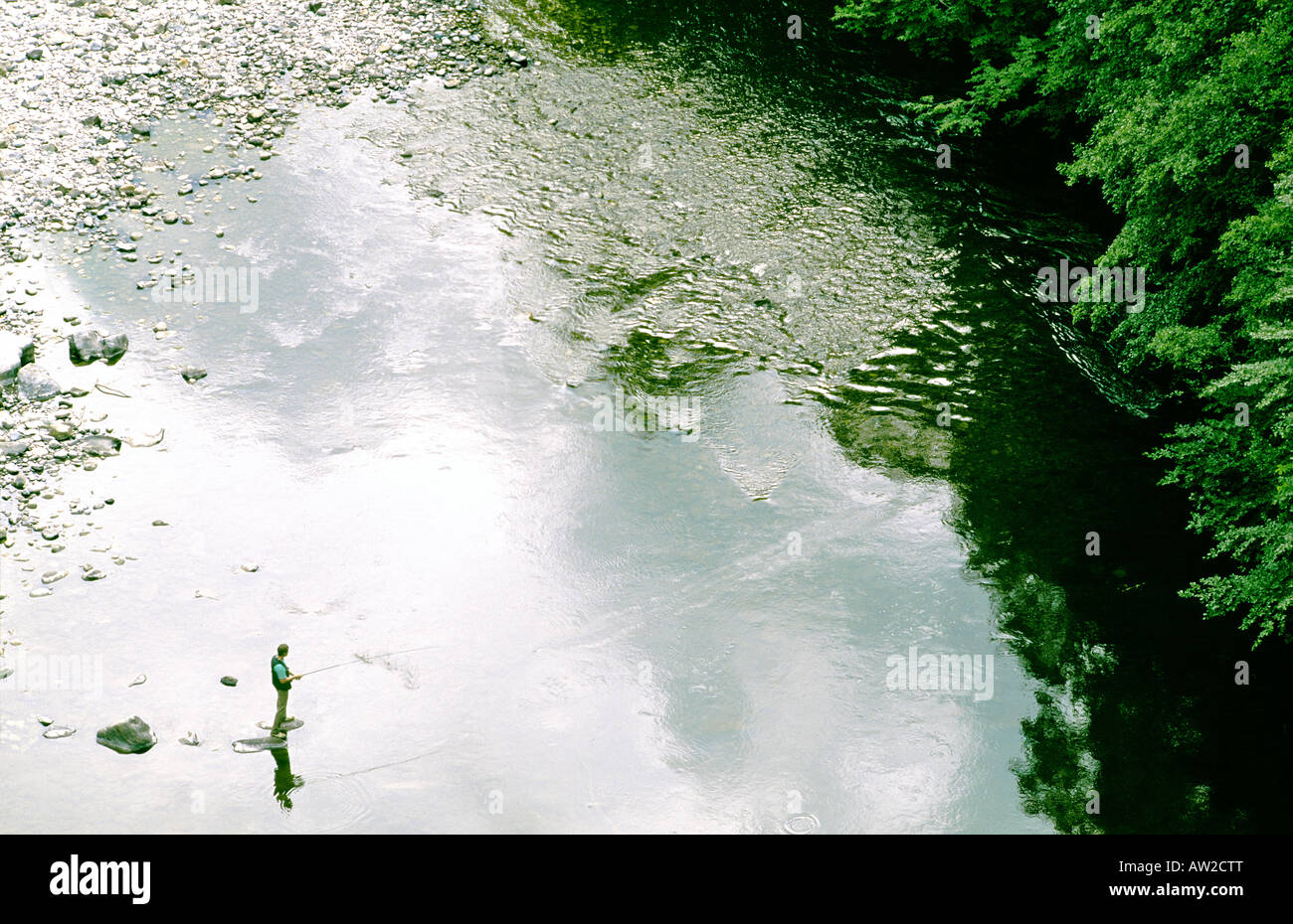 Man fly fishing angling on the River Garry near Pitlochry in the ...