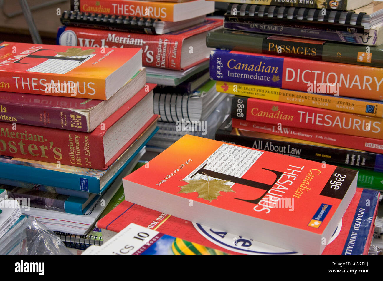 School books on a table Stock Photo - Alamy