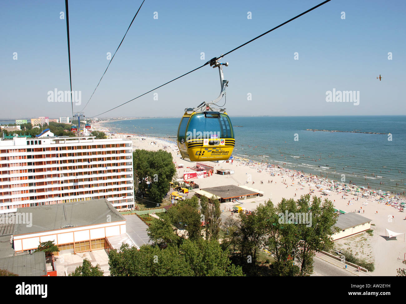 Cable car run over hotels at Mamaia Beach nr Constanta, Romania Stock ...