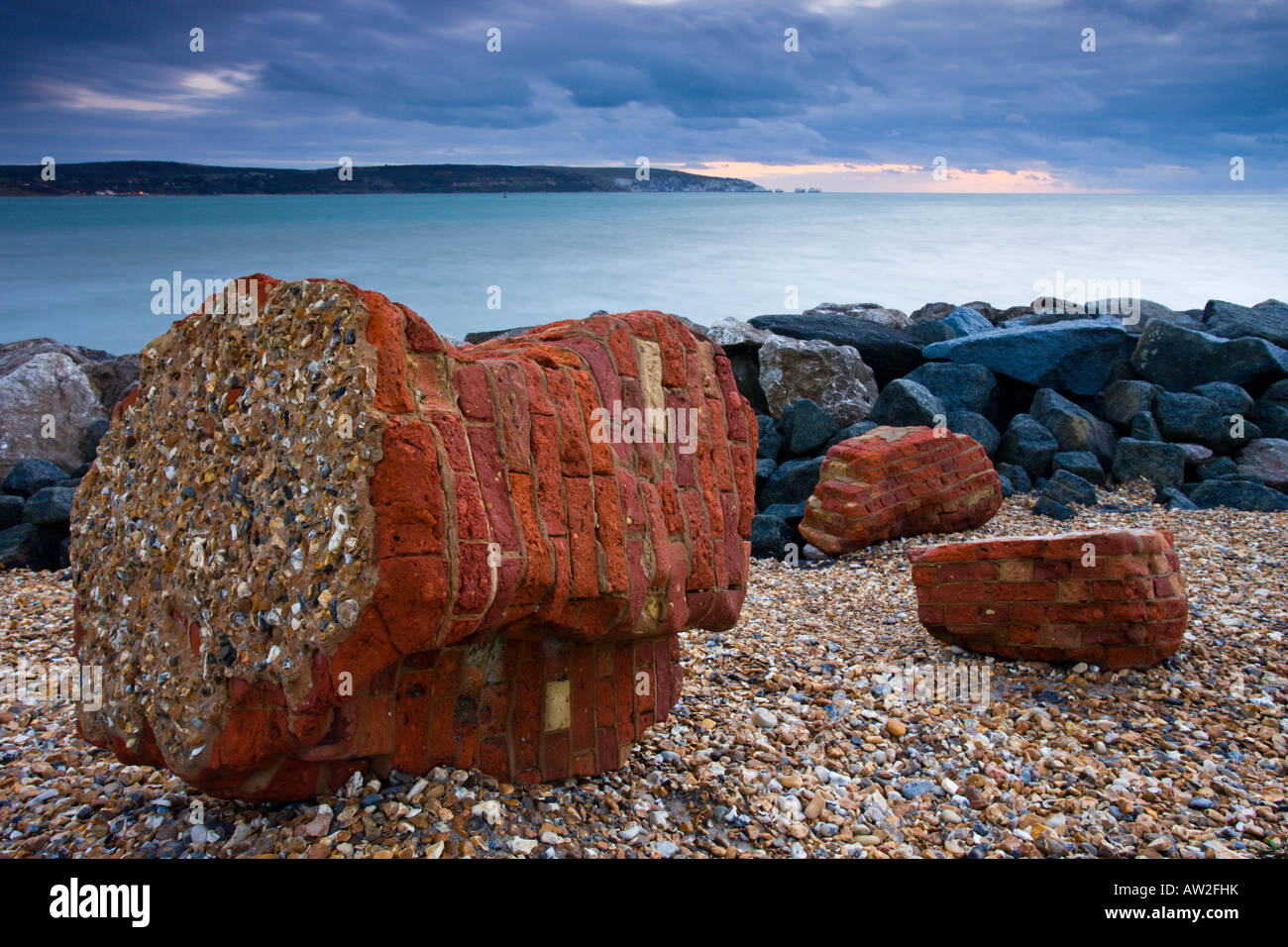 Coastal defences along Hurst Spit. In the distance the Isle of Wight ...
