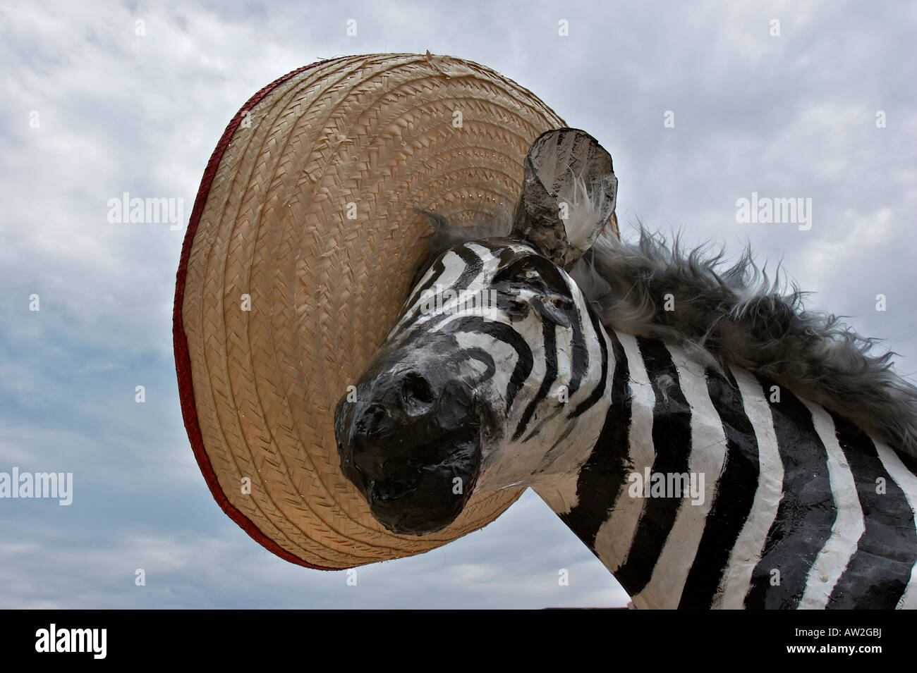 A statue of a zebra with a mexican hat in the town of La Ensenada ...