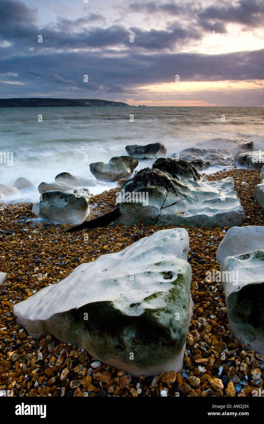 Sea defences at Hurst Spit looking across to the Isle of Wight and the ...