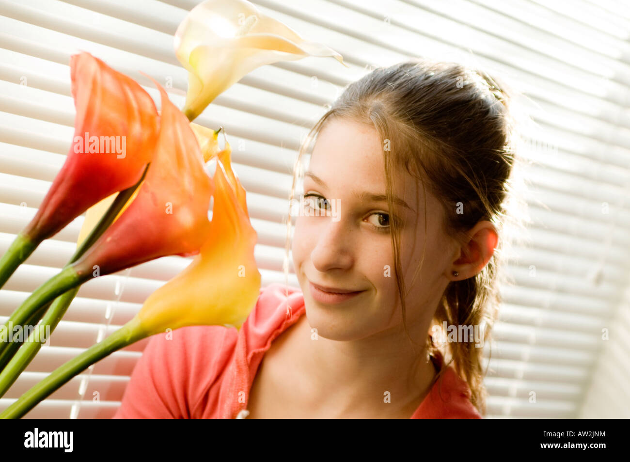 portrait of young girl with window and flowers Stock Photo - Alamy