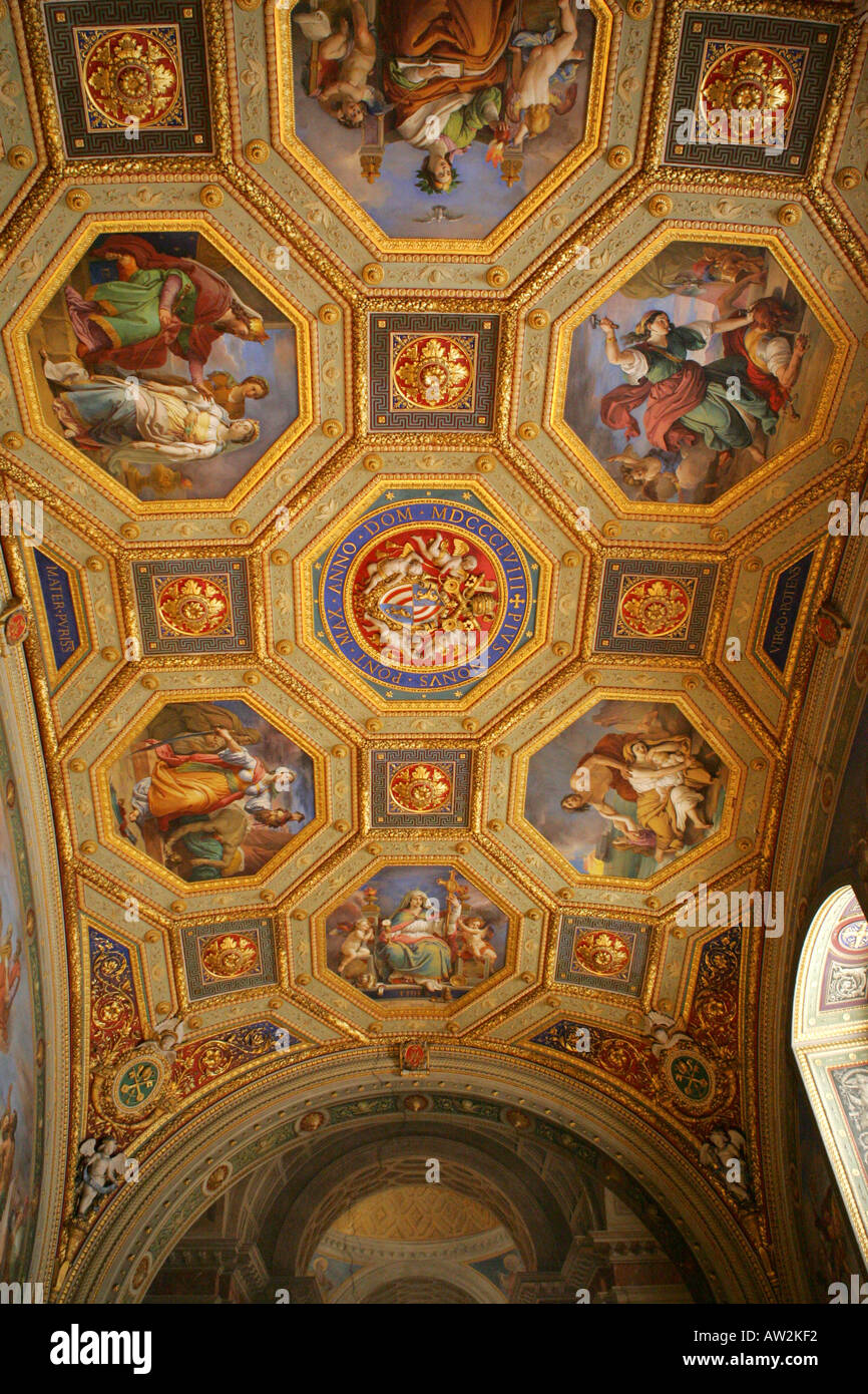 Renaissance fresco paintings adorn the ceilings of rooms in the Vatican city Museum, Rome Italy ...