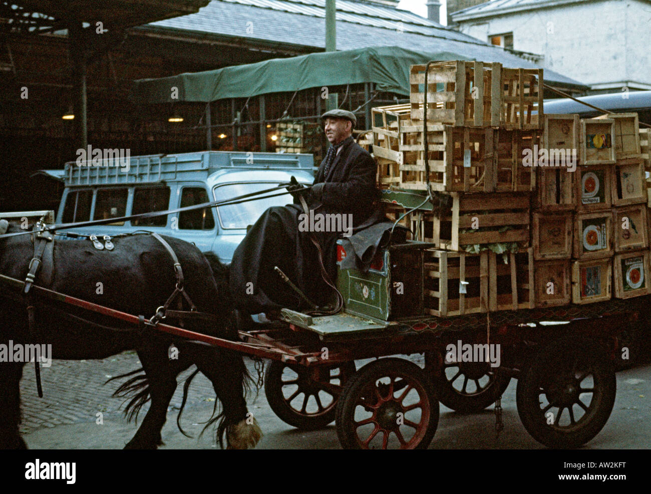 London; Covent Garden Fruit & vegetable market; trader driving horse ...