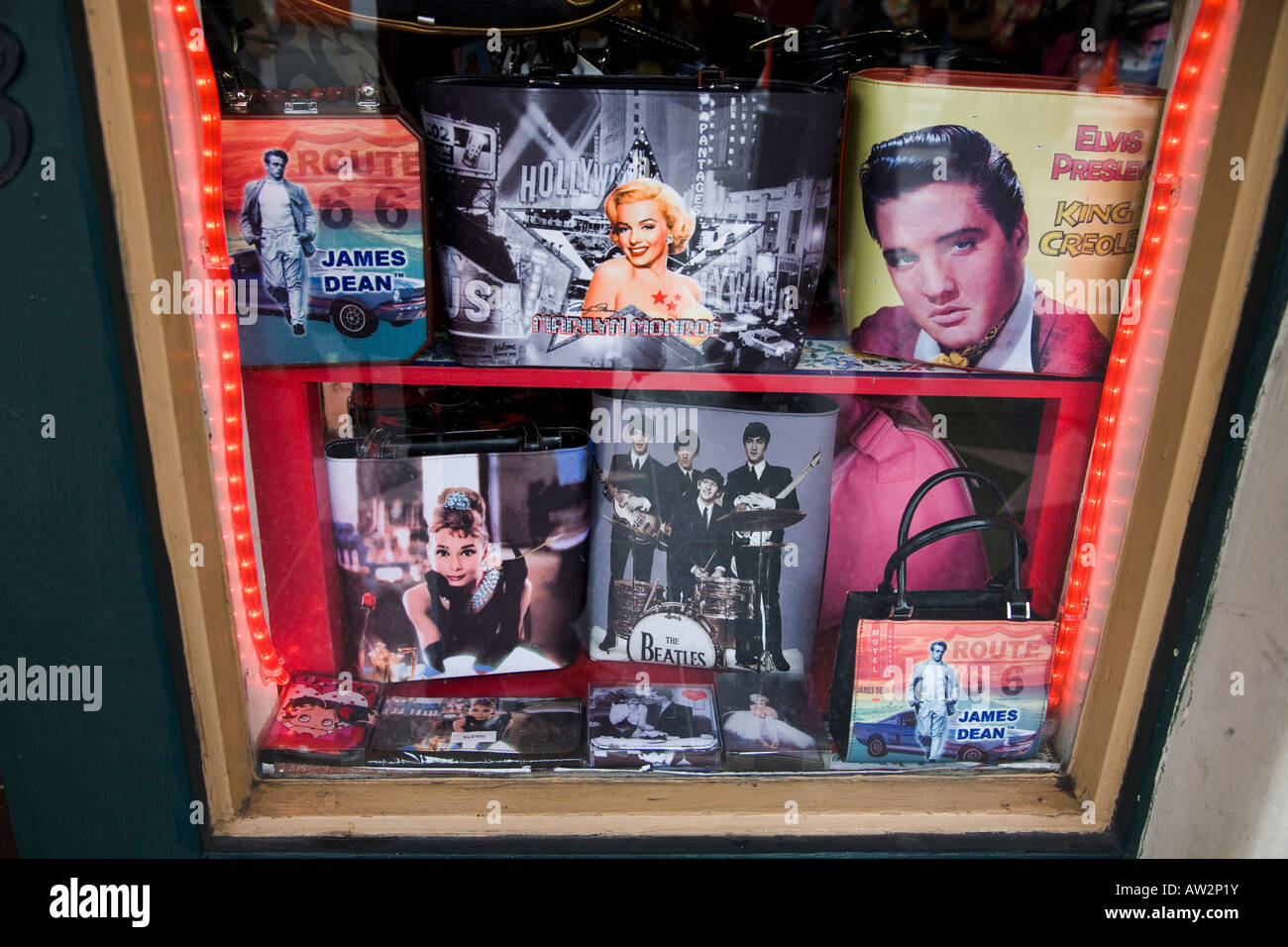 store window with Elvis Marilyn Monroe James Dean The Beatles Stock ...