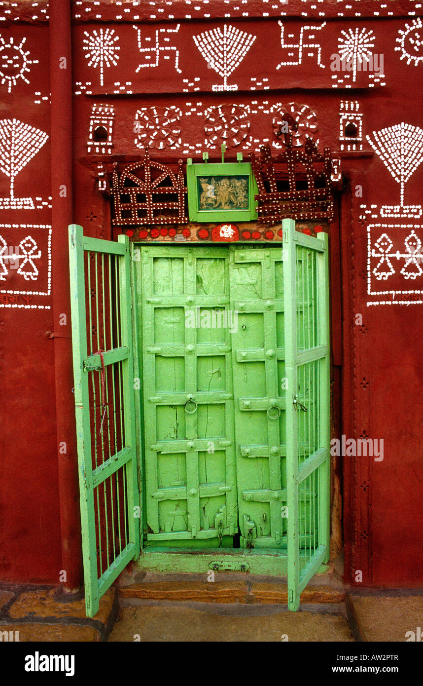 India Rajasthan Jaisalmer doorway decorated in traditional Rajasthani ...