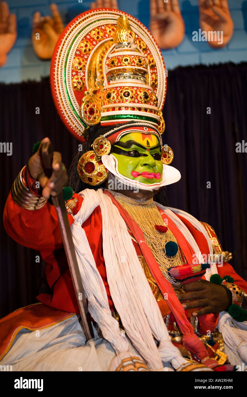 Kathakali Dancer wearing colourful make up and headdress, Cochin ...