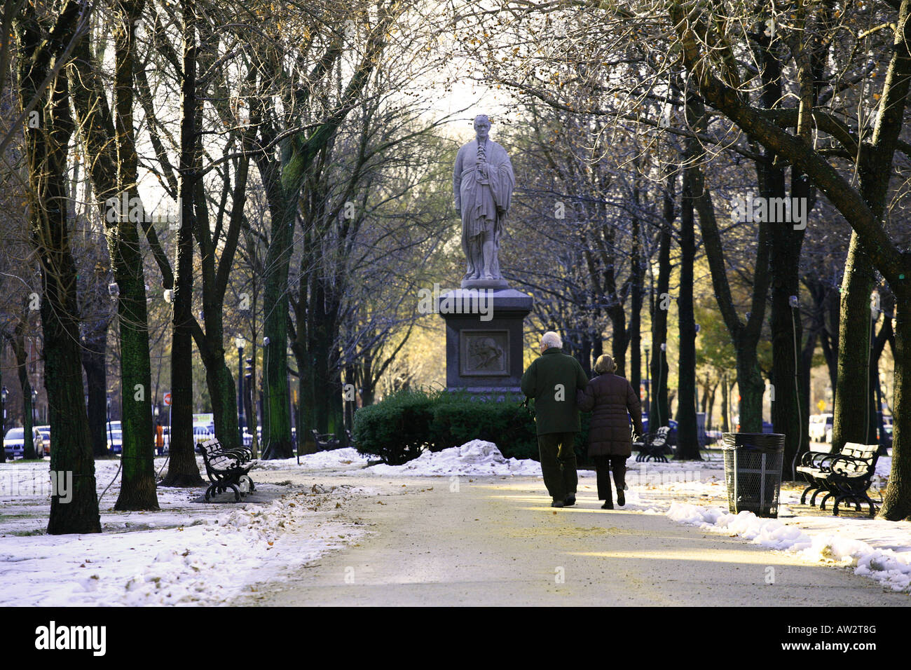 Couple walking on the Commonwealth Avenue Mall in the Back Bay ...