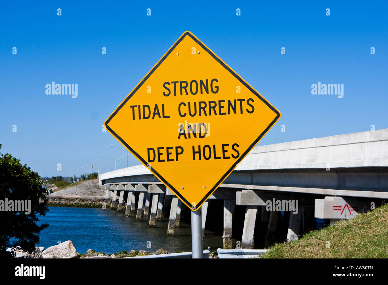Caution sign strong tidal currents and deep holes Stock Photo - Alamy