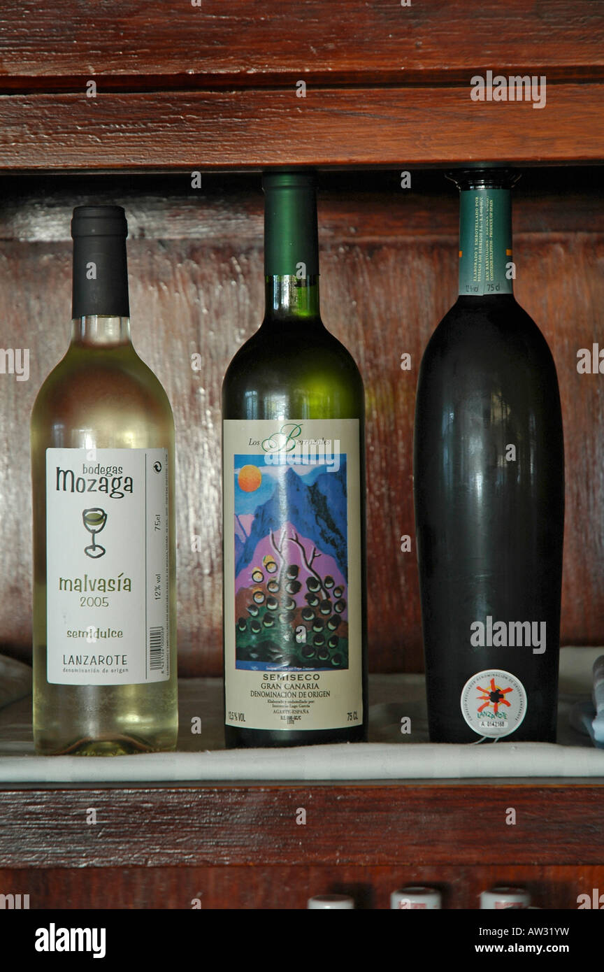 Bottles of Malvasia semi dry white wine from Mozaga winery in Lanzarote ...