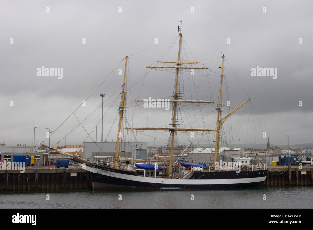 Old fashioned sailing ship the Pelican of London moored in Weymouth ...
