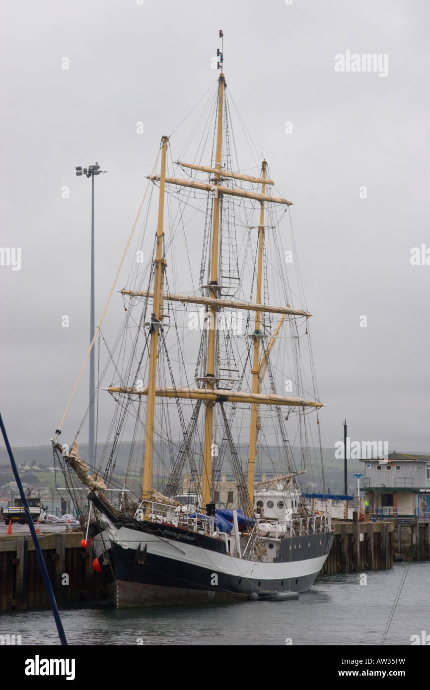 Old fashioned sailing ship the Pelican of London moored in Weymouth ...