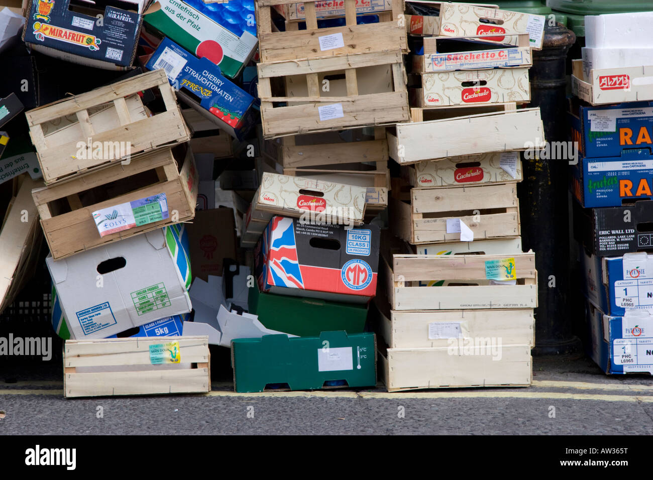 Stack of empty wooden crates and boxes awaiting rubbish collection ...