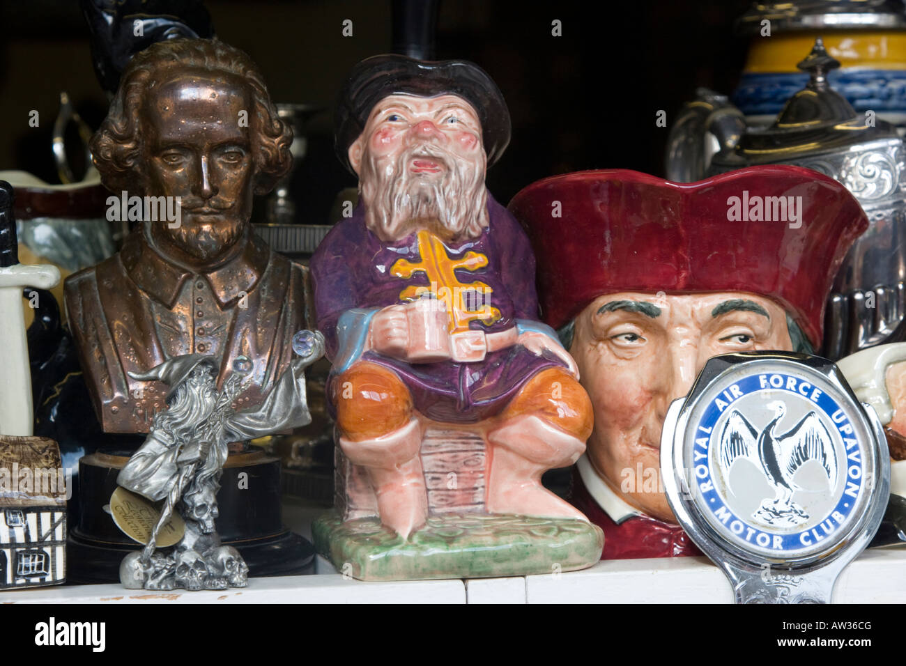 Characterful toby jugs on display in an antiques shop window Stock ...
