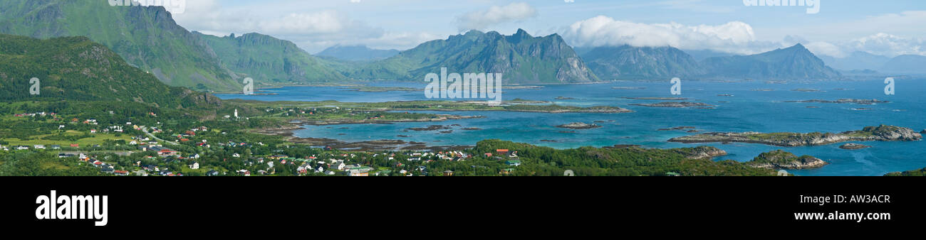 Panoramic view of the village of Stamsund and the mountain peaks of the ...