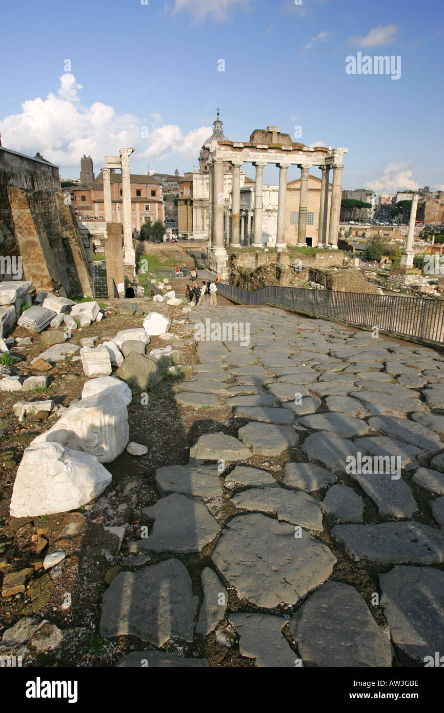 Ancient cobbled path in the Roman Forum ruins leads to the Corinthian ...