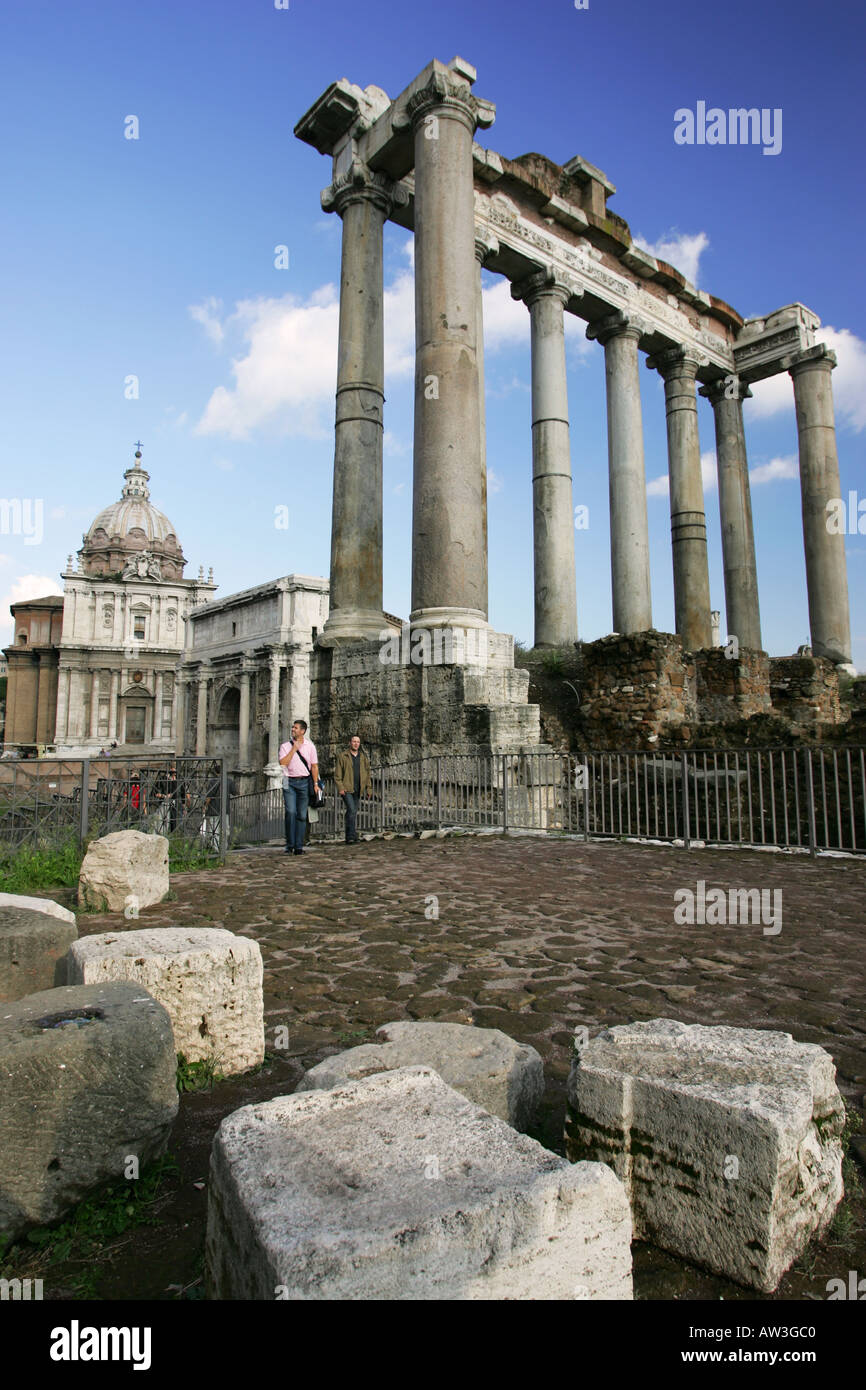 Boulder ruins lie in front of the famous Saturn Temple remains in the ...