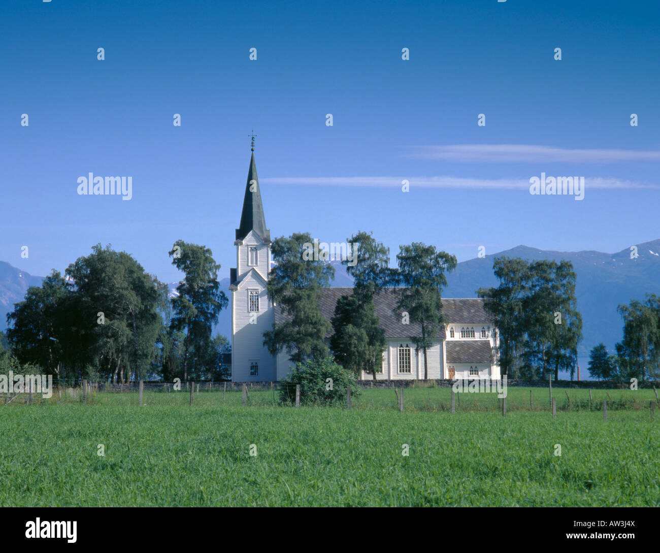 White painted wooden church at village of Vik, Sognefjord, Sogn og ...