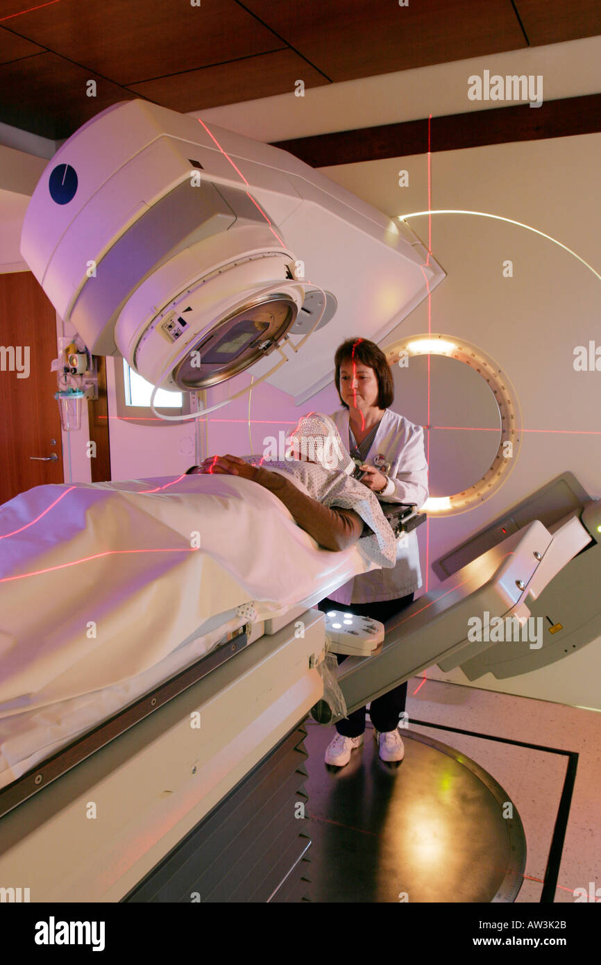 Patient being readied for Linear Accelerator radiation therapy Stock ...