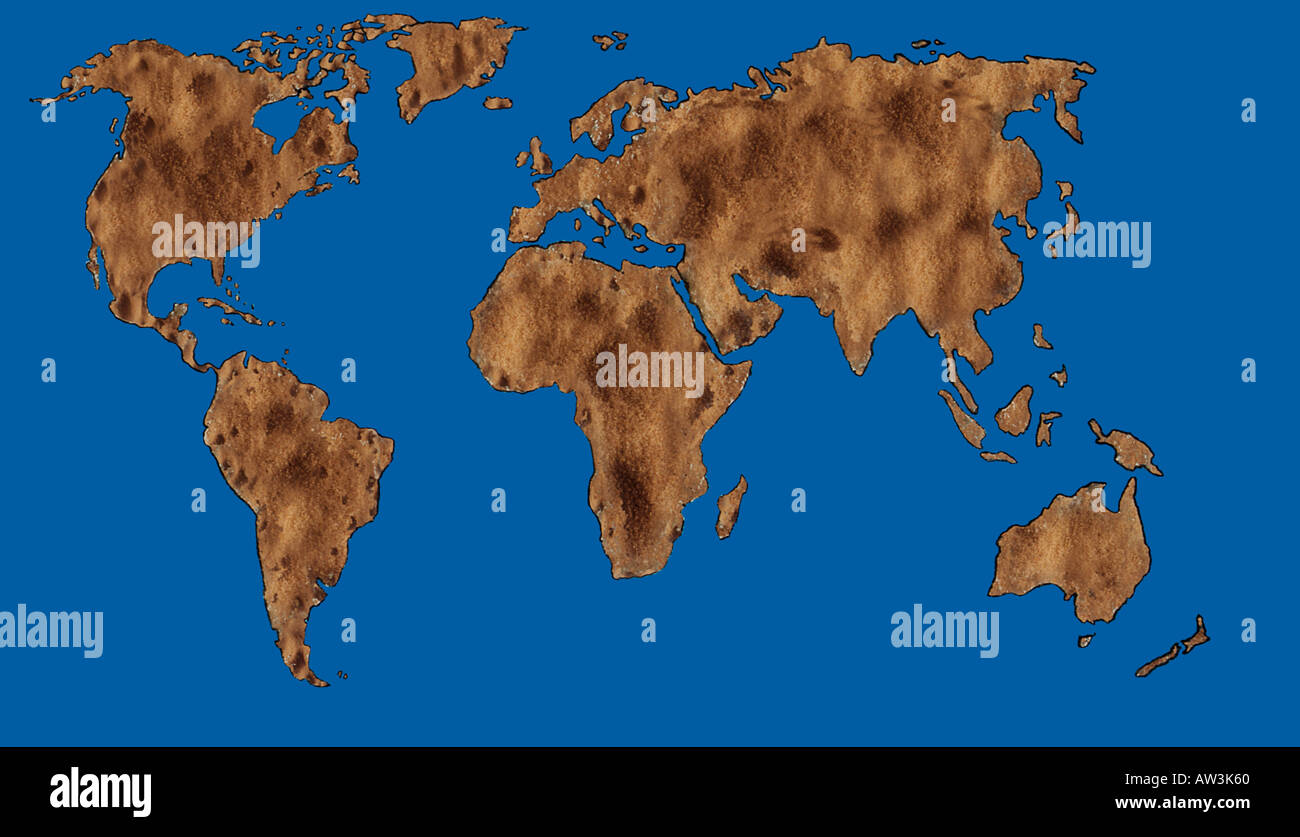A Map of the world in sand global warming sand map Stock Photo - Alamy