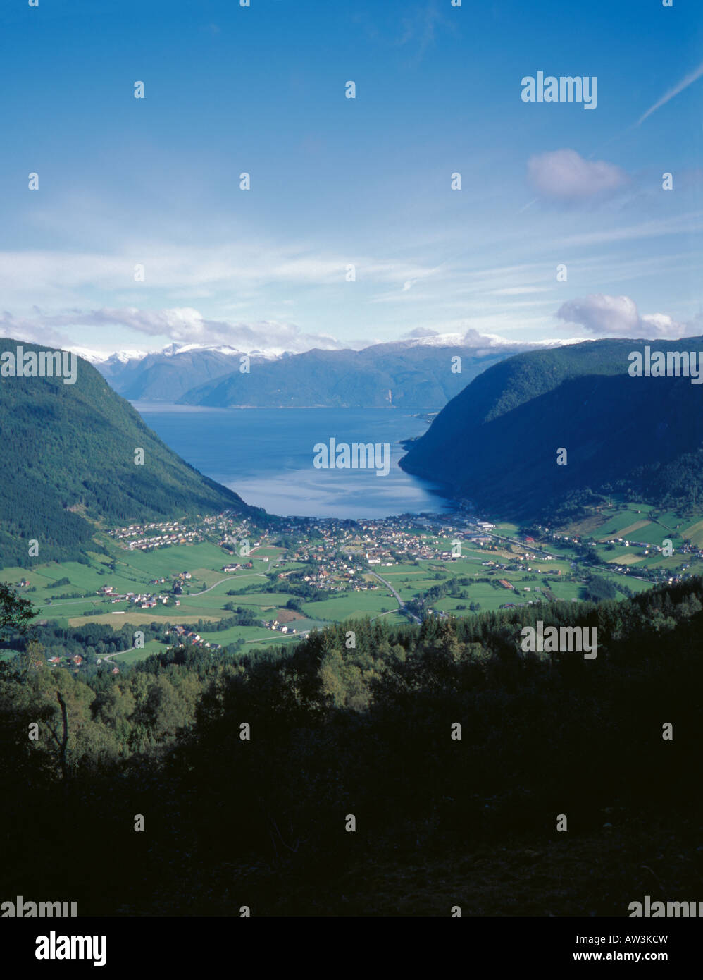 View over villages of Hopperstad and Vik, with Sognefjord beyond, from ...