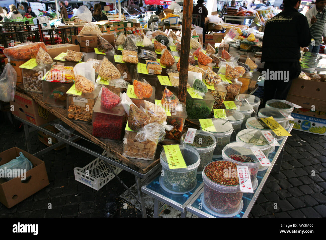 Colourful market stall in central Rome selling bright coloured healthy ...
