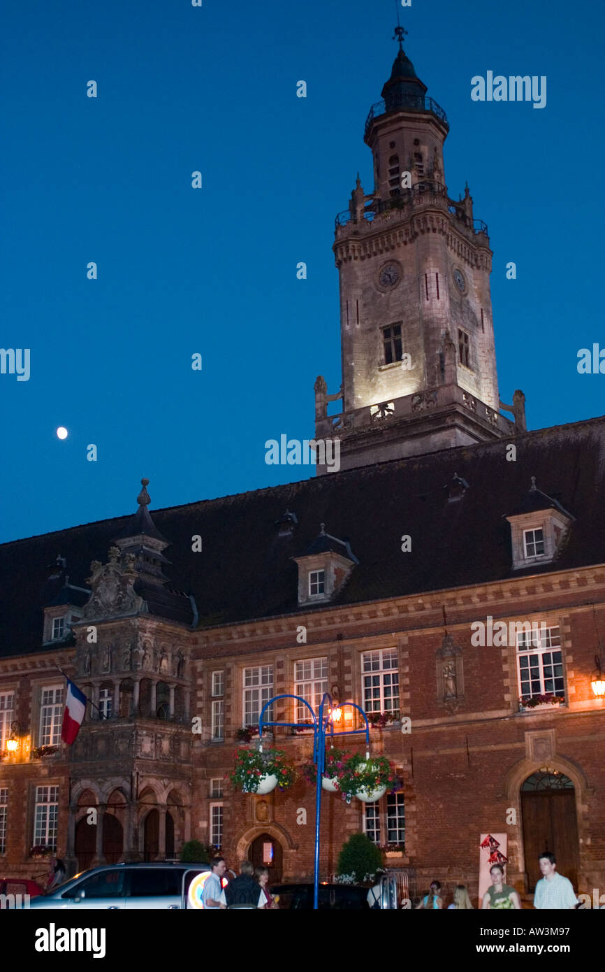 Town hall and belfry Hesdin Pas de Calais at night with moon Stock ...