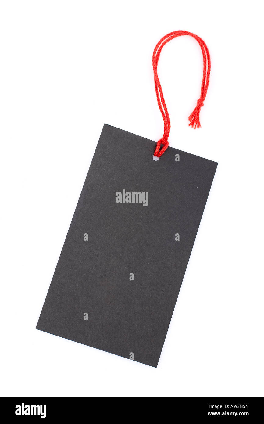 Black price tag with red string isolated on white background with ...