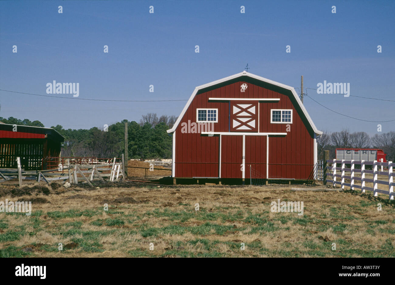 Traditional style wooden built barn Red paint White detail Farm Stock ...