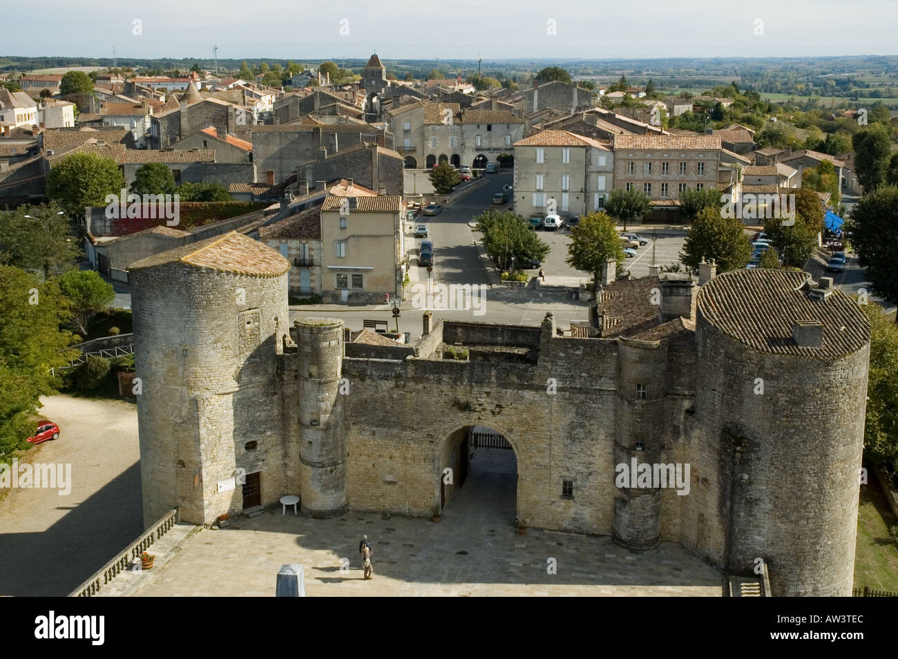 the town of Duras seen from the tower of the Chateau of Duras Lot et ...