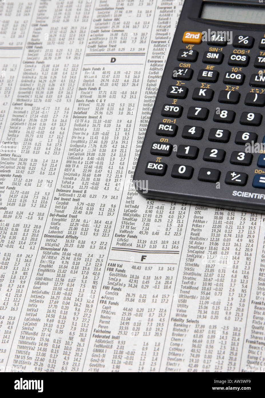 A calculator on a newspaper showing financial records Stock Photo - Alamy