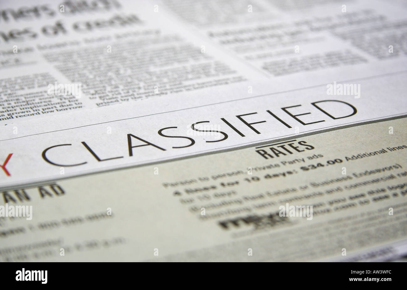 Classified section heading in a newspaper, limited depth of focus Stock ...