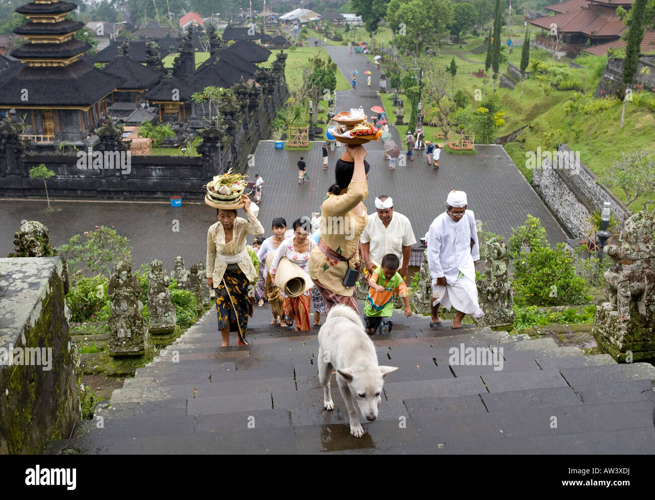 A Balinese Funeral Procession Carrying Umbrellas Climbing The Steps Up ...