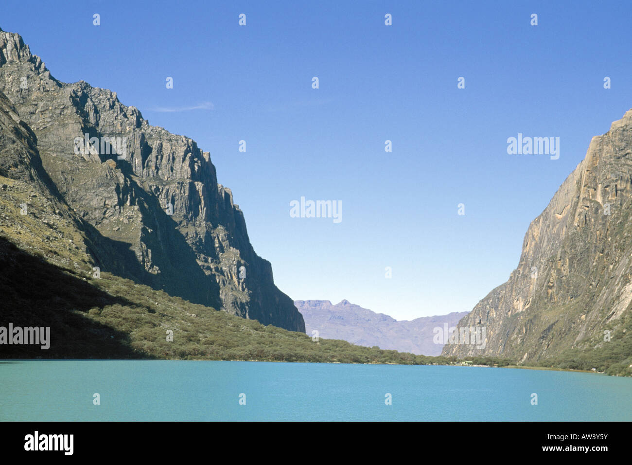 Lake Turquoise blue water Steep cliffs mountain scenery Landscape Stock ...