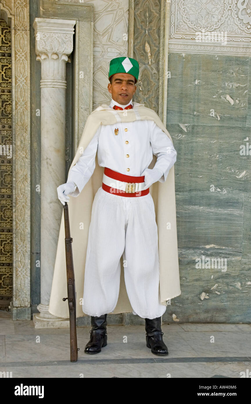 Guard in traditional uniform at Mausoleum of Mohamed V Rabat Morocco ...