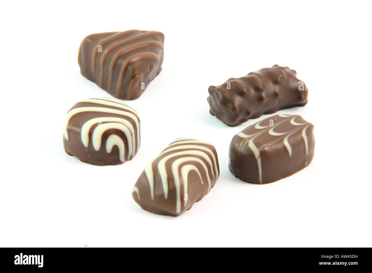 five chocolates snacks isolated on white background food concepts Stock ...