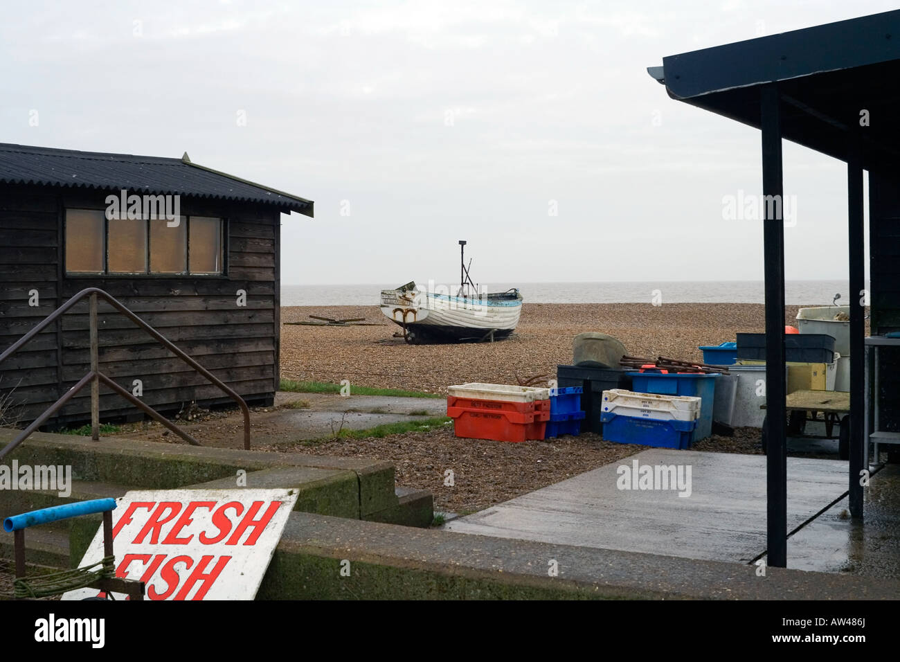 Aldeburgh Fisherman Shops Backyard and Boat Stock Photo - Alamy