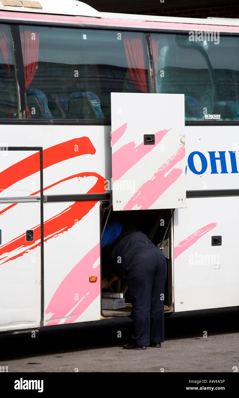 Finnish bus driver loading the passenger's baggage and cargo inside the ...