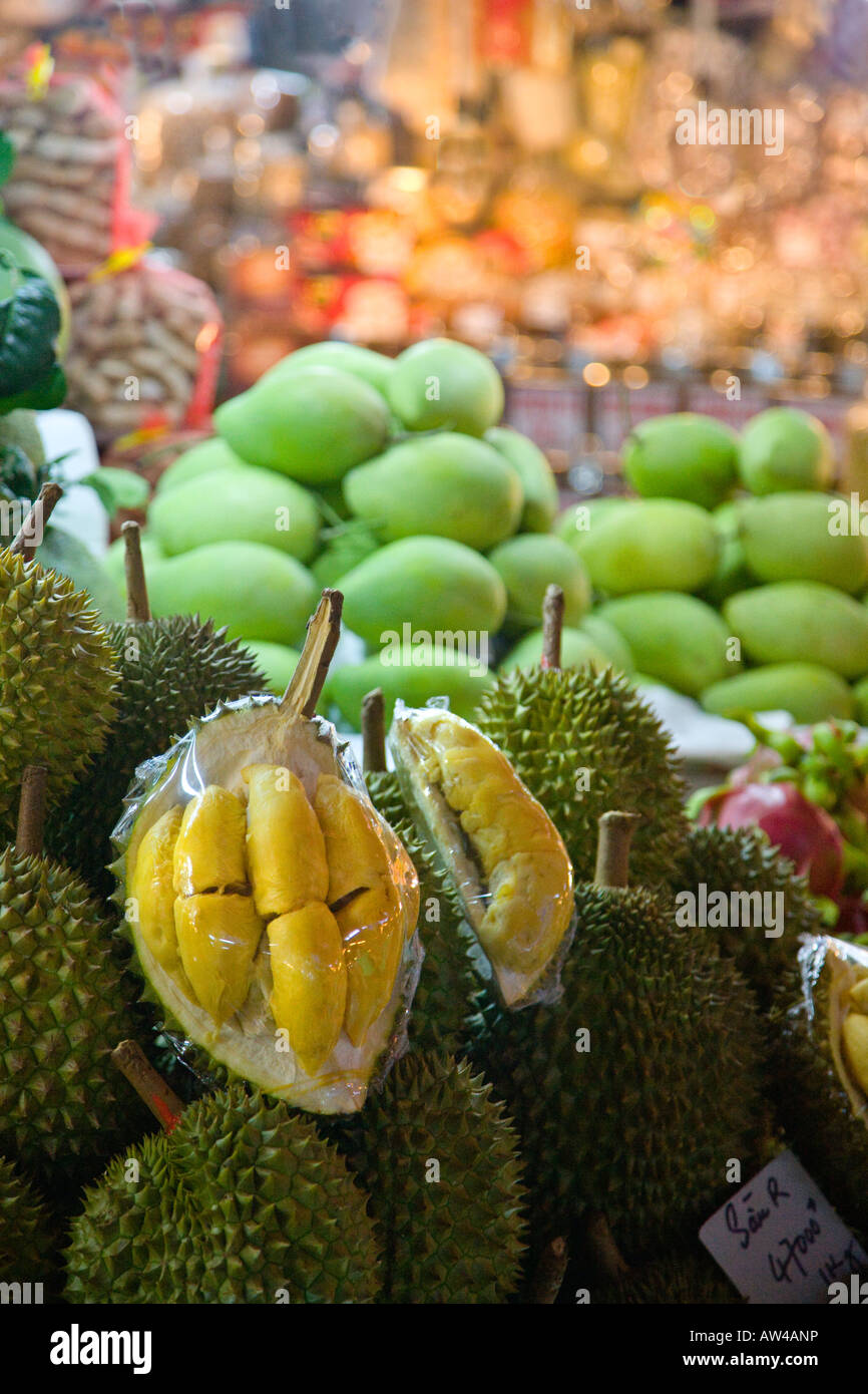 DURIAN fruit and MANGOES on display inside the BEN THANH MARKET HO CHI ...