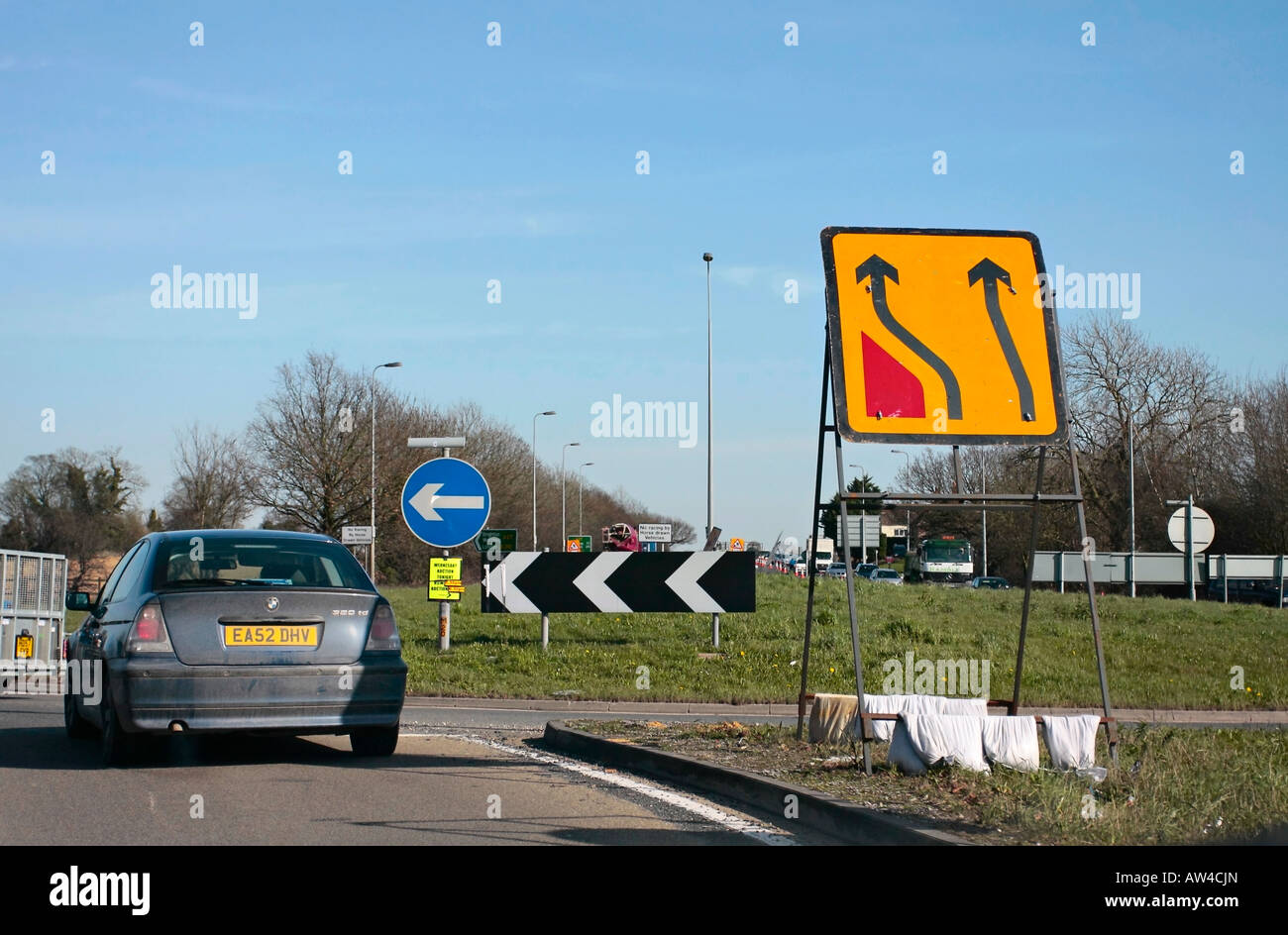 Contraflow sign at approach to roundabout on A27 trunk road, West ...