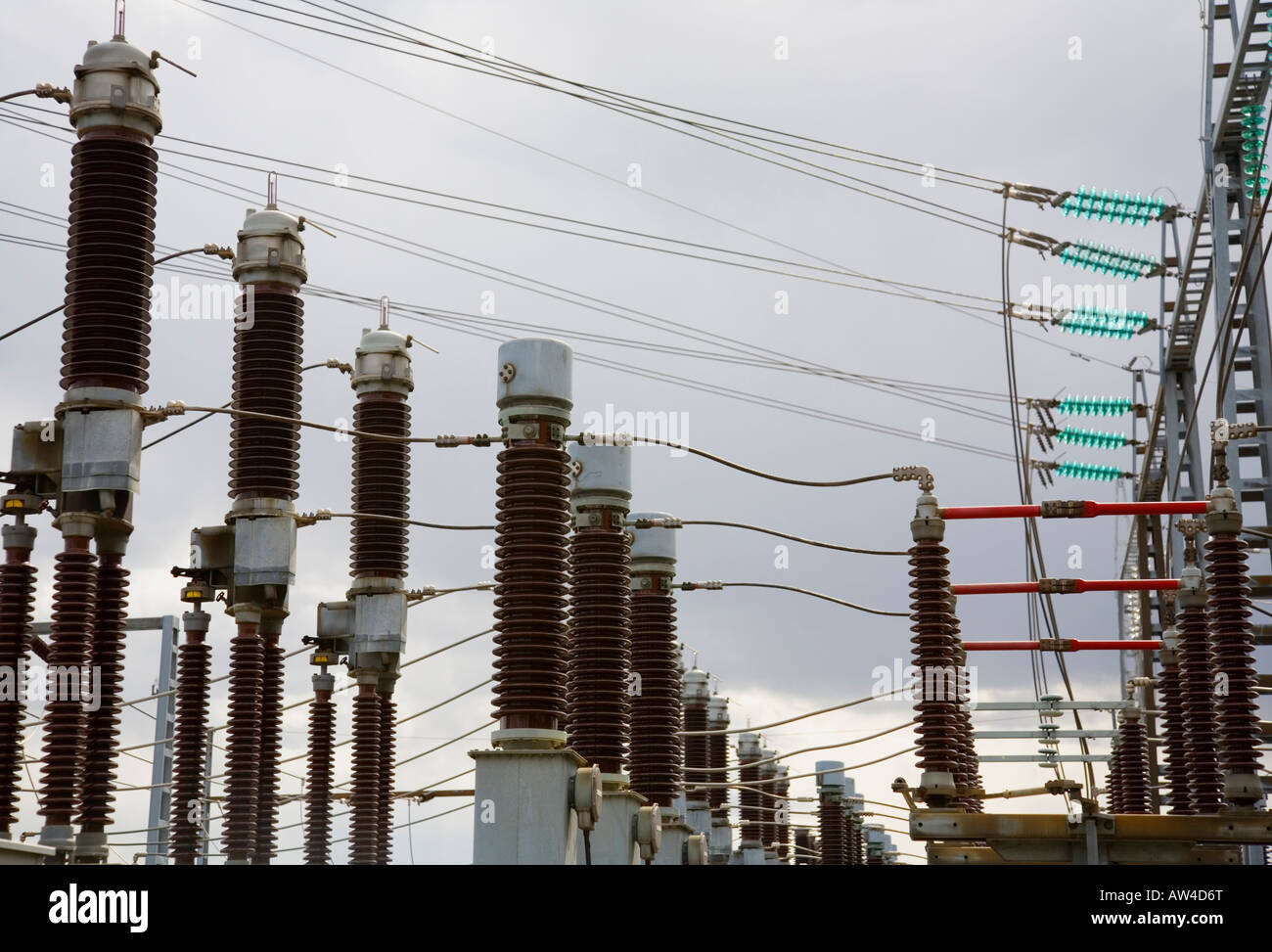 Cables and insulators in a transformer station , Finland Stock Photo ...
