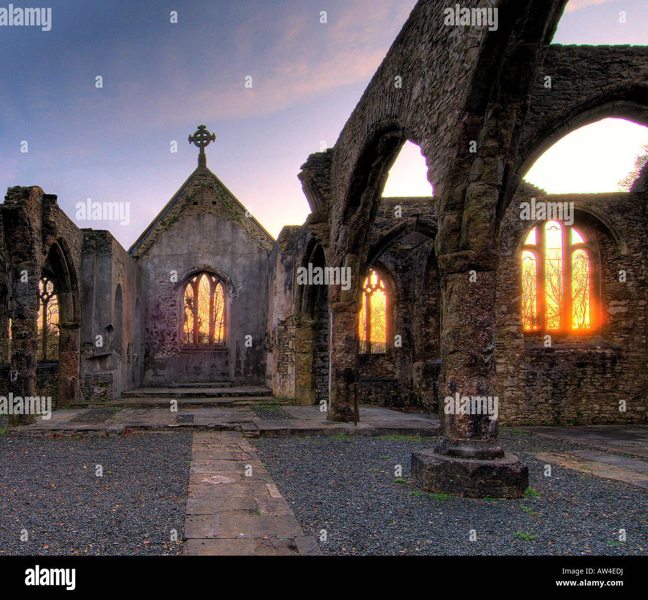 Interior of a burnt out church attacked by arsonists and left as a ruin ...