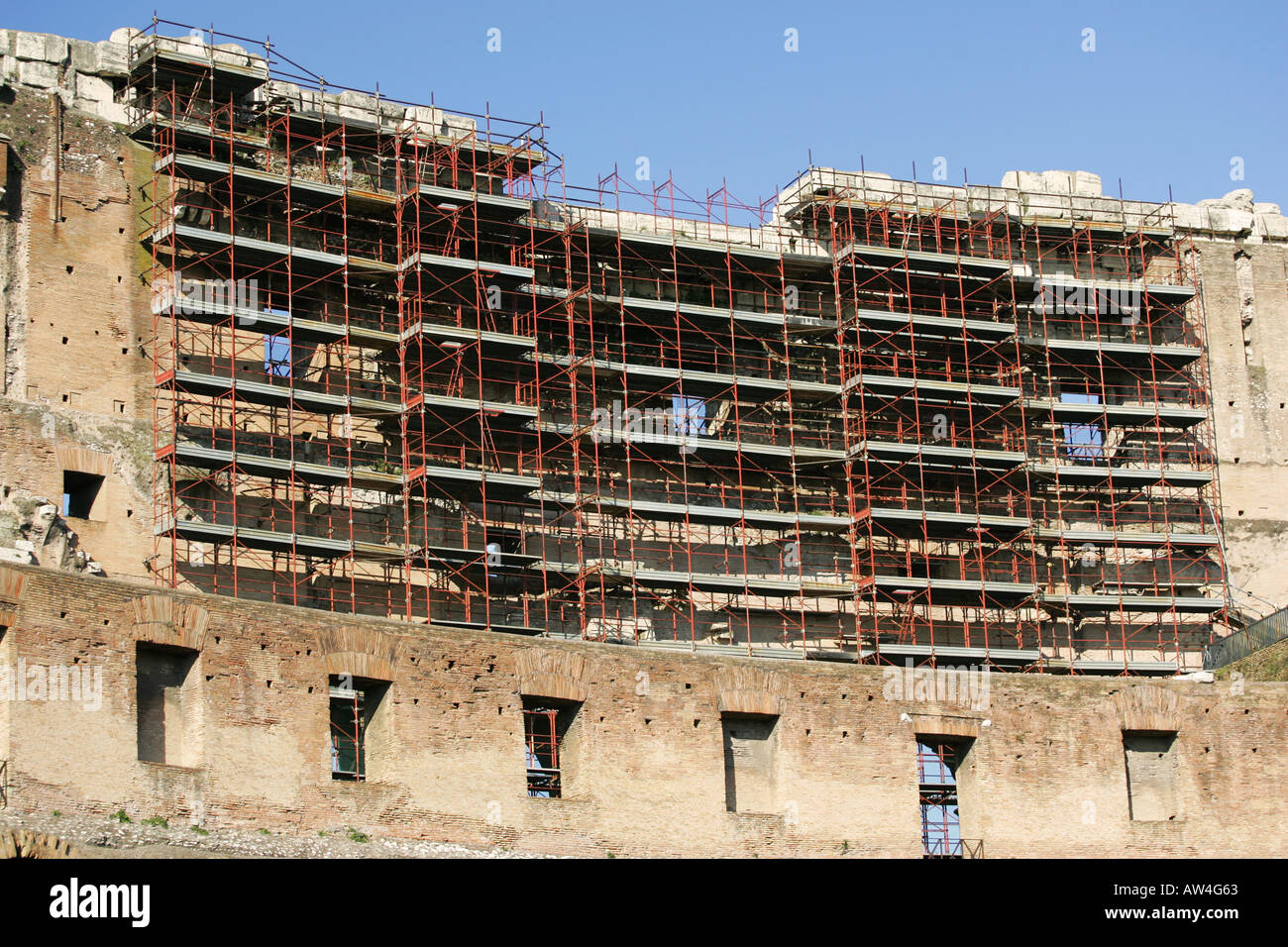 Scaffolding on the upper section of the interior wall of the Colosseum ...