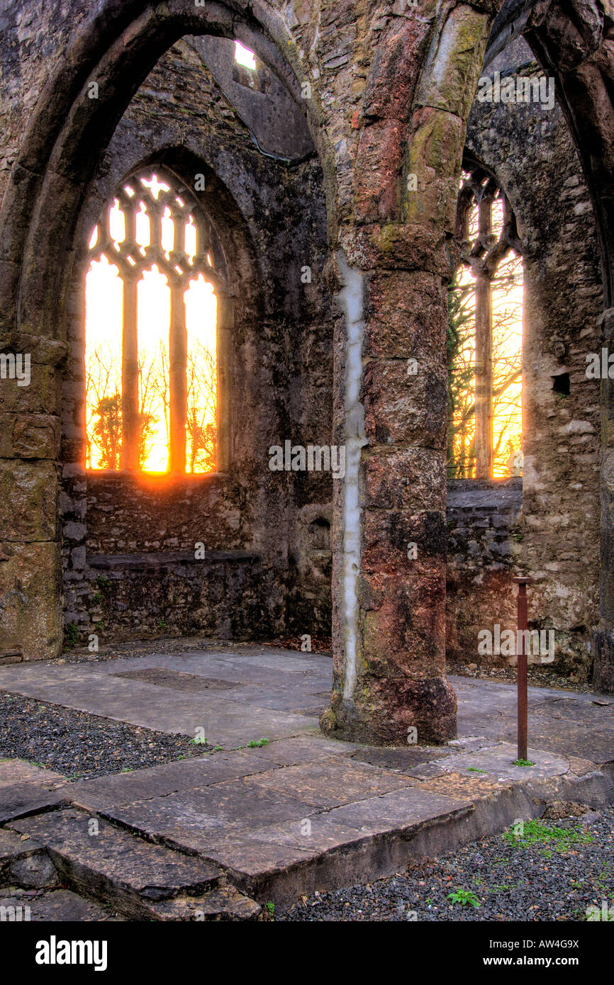 Interior of a burnt out church attacked by arsonists and left as a ruin ...