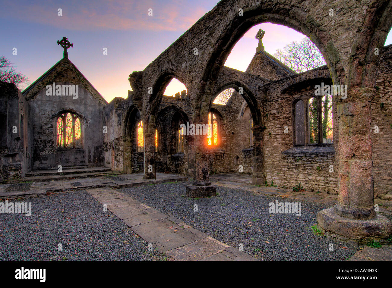 Interior of a burnt out church attacked by arsonists and left as a ruin ...