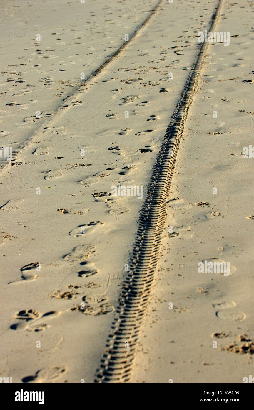 Footprints and tyre tracks in the sand Stock Photo - Alamy