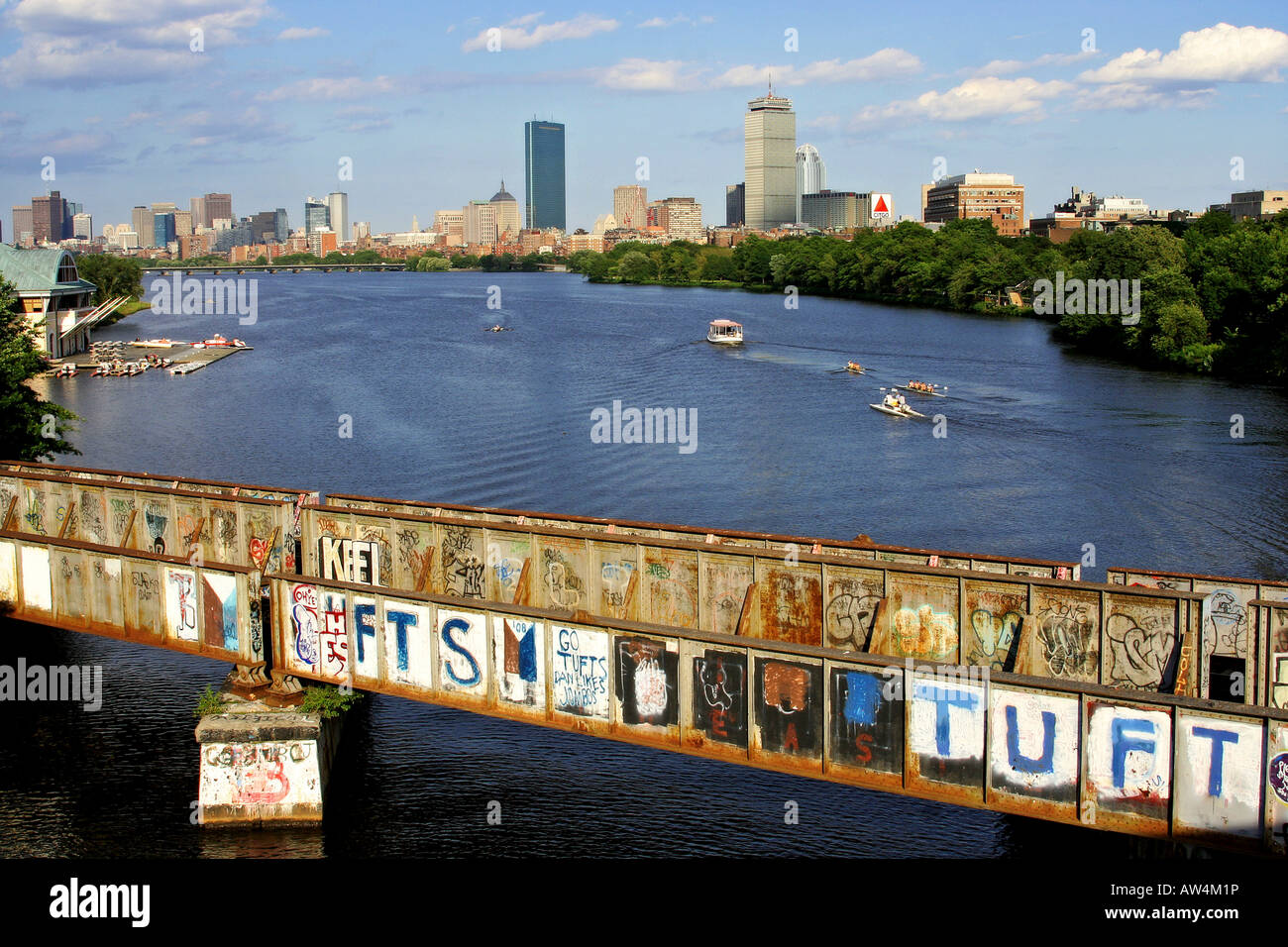 View of Boston skyline with Boston University Bridge and Charles River ...