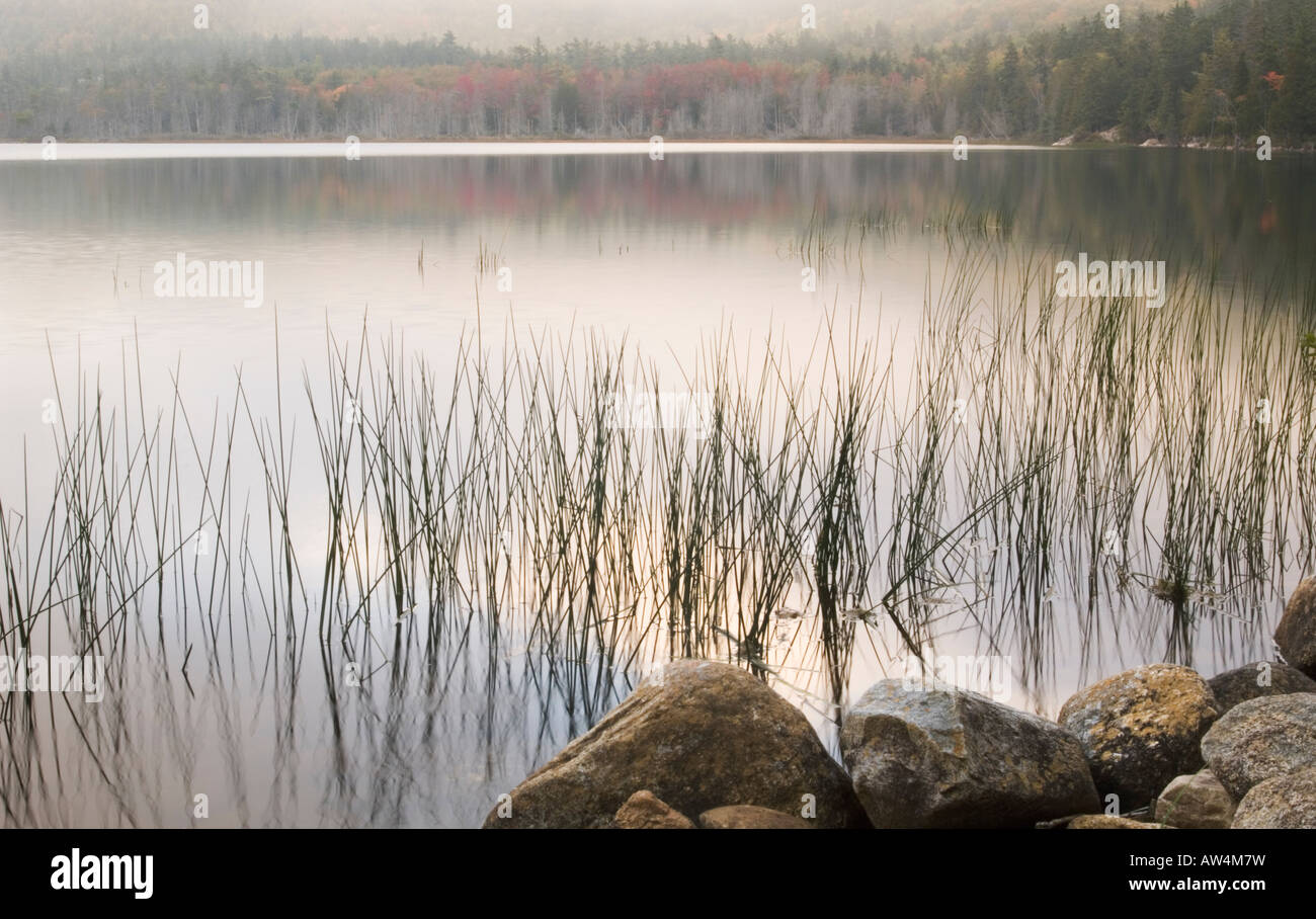 Sunset through fog over Upper Hadlock Pond looking toward Bald Peak ...